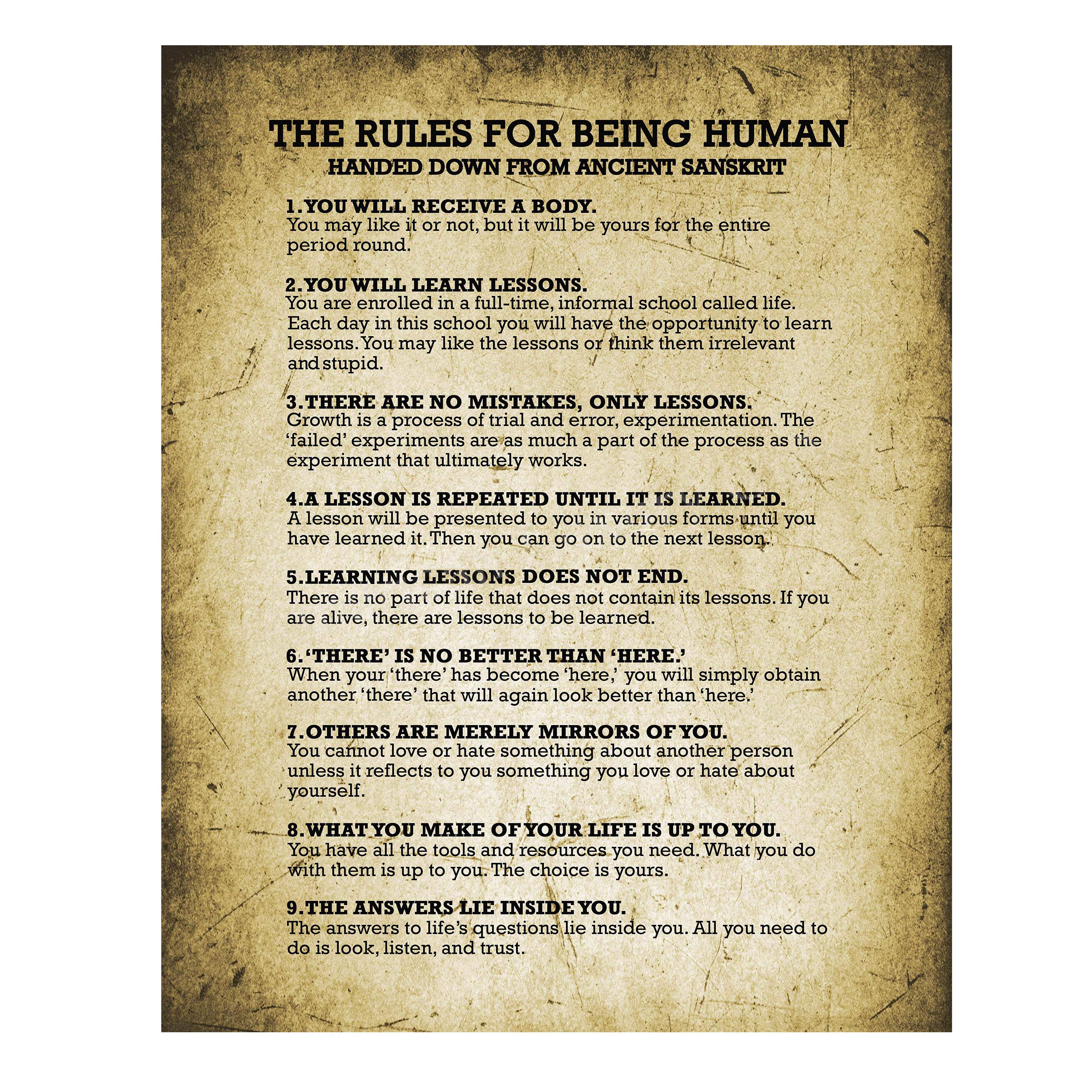 The Rules for Being Human Motivational Quotes Wall Sign-11 x 14" Inspi ...